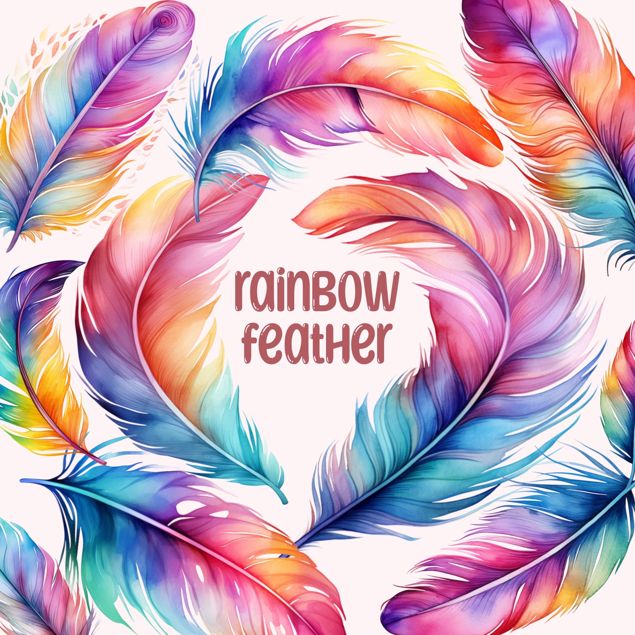 Watercolor Feather Clipart Rainbow Set Digital Scrapbooking Commercial ...