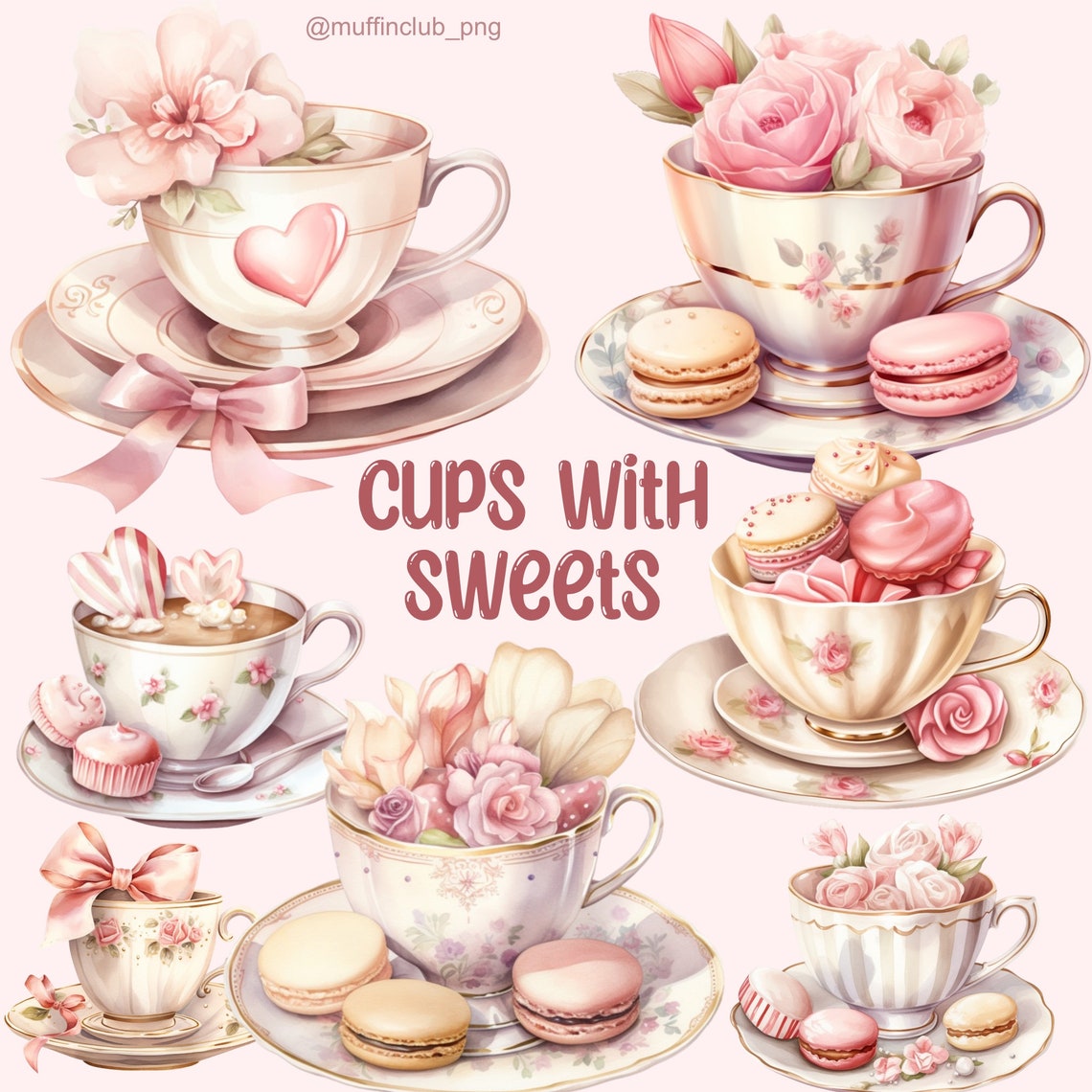 Watercolour Cups With Sweets Clipart, Valentines PNG Digital Image ...