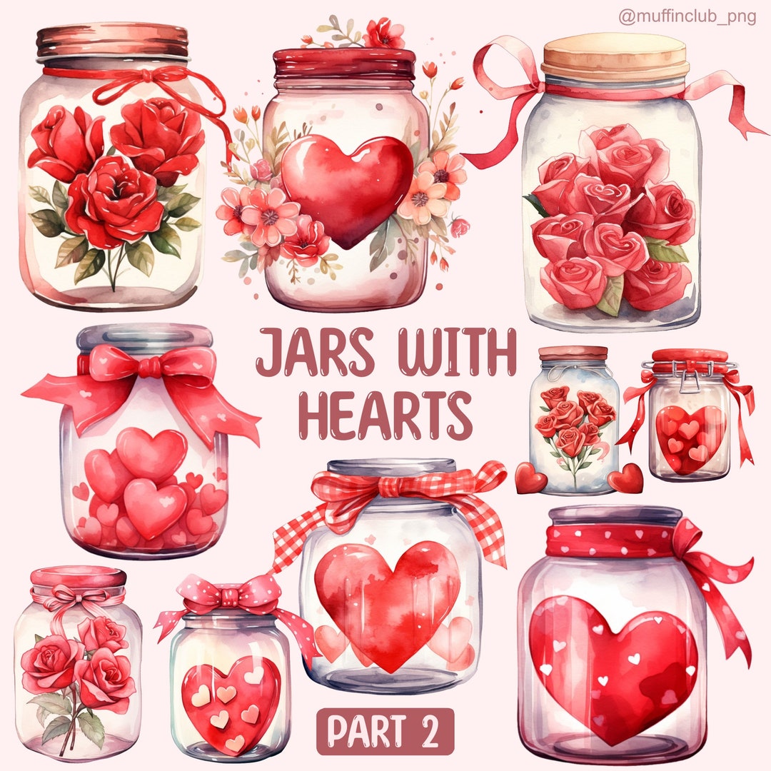 Watercolour Jars With Hearts Clipart, Vintage Valentines PNG Digital ...