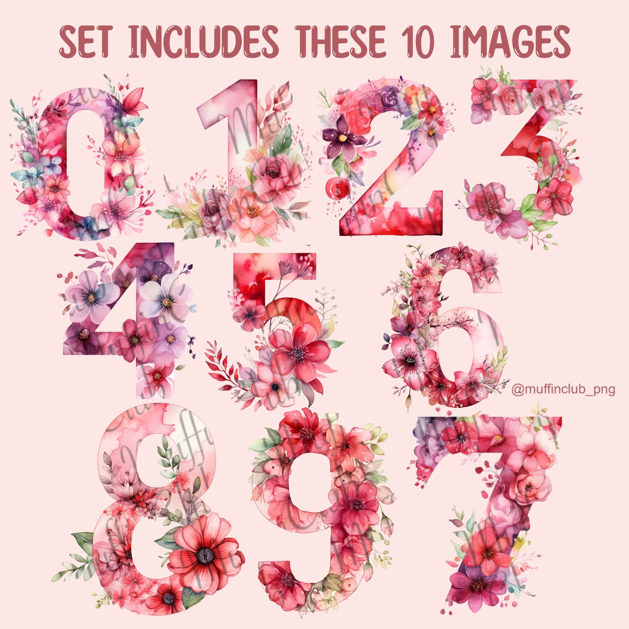Watercolour Numbers With Flowers Clipart, Valentines PNG Digital Image ...