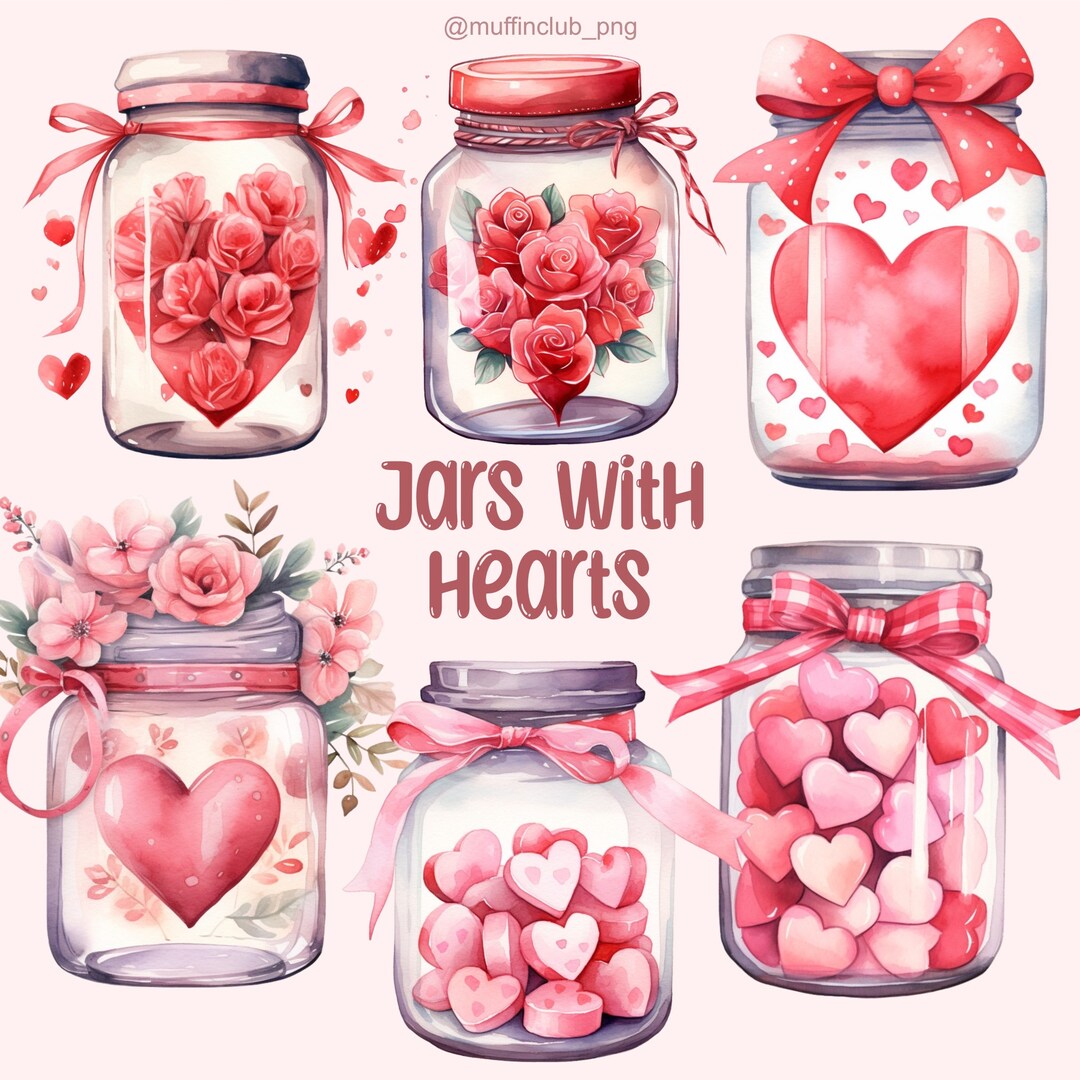 Watercolour Jars With Hearts Clipart, Vintage Jars PNG Digital Image ...