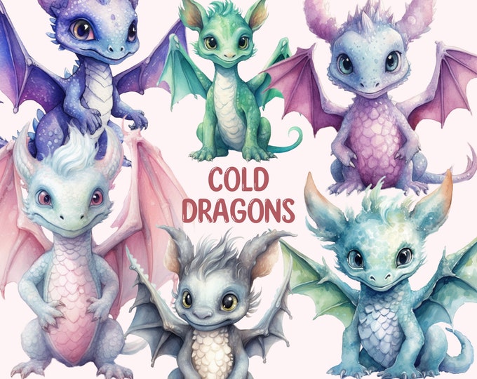 Cute Dragon PNG Clipart, 12x Watercolor Fantasy Clip Art Set, Printable ...