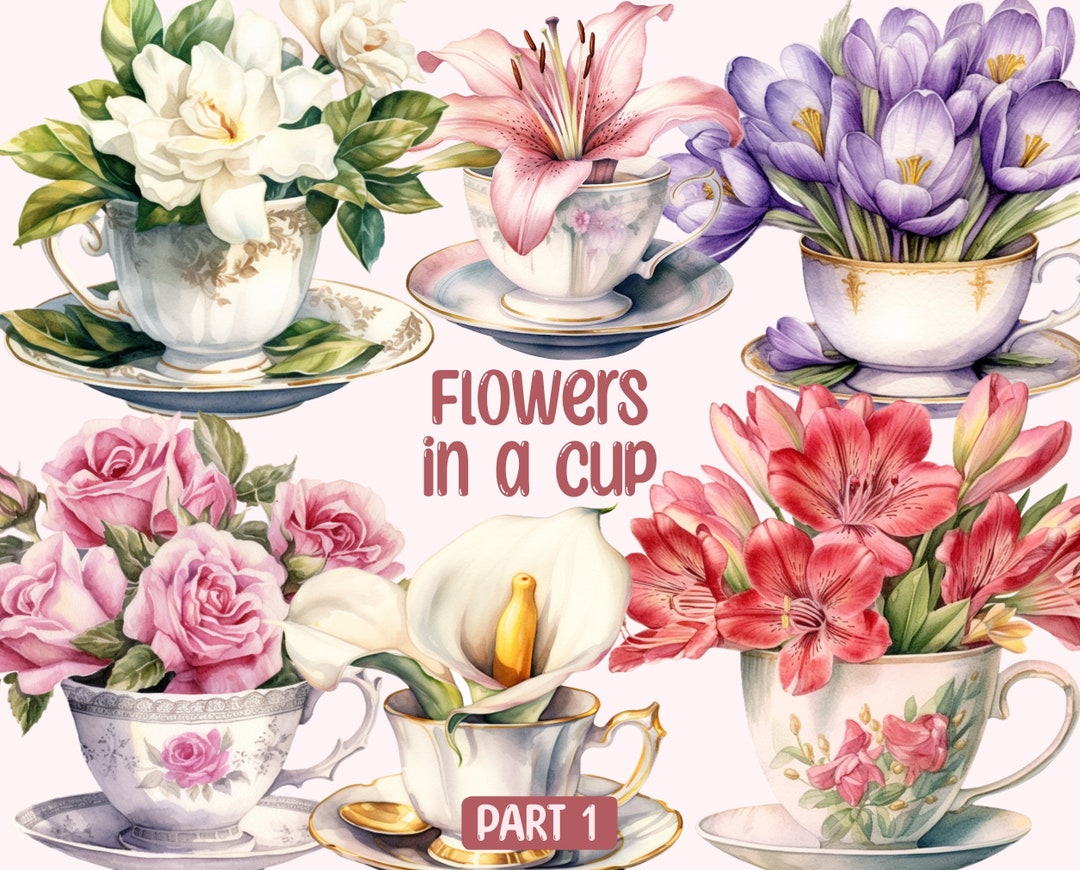 Watercolour Cups With Flowers Clipart, Vintage Cup PNG Digital Image ...