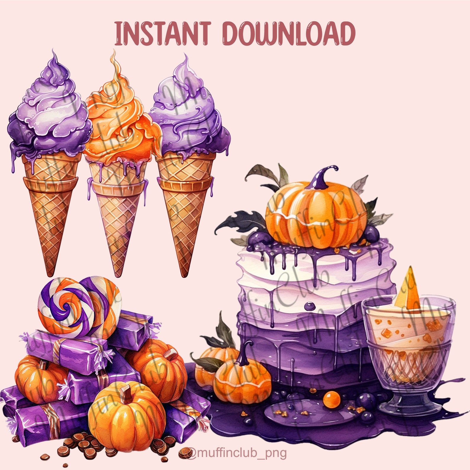 Halloween Sweets Pumpkin Clipart, Watercolor Halloween Cupcake Clipart ...