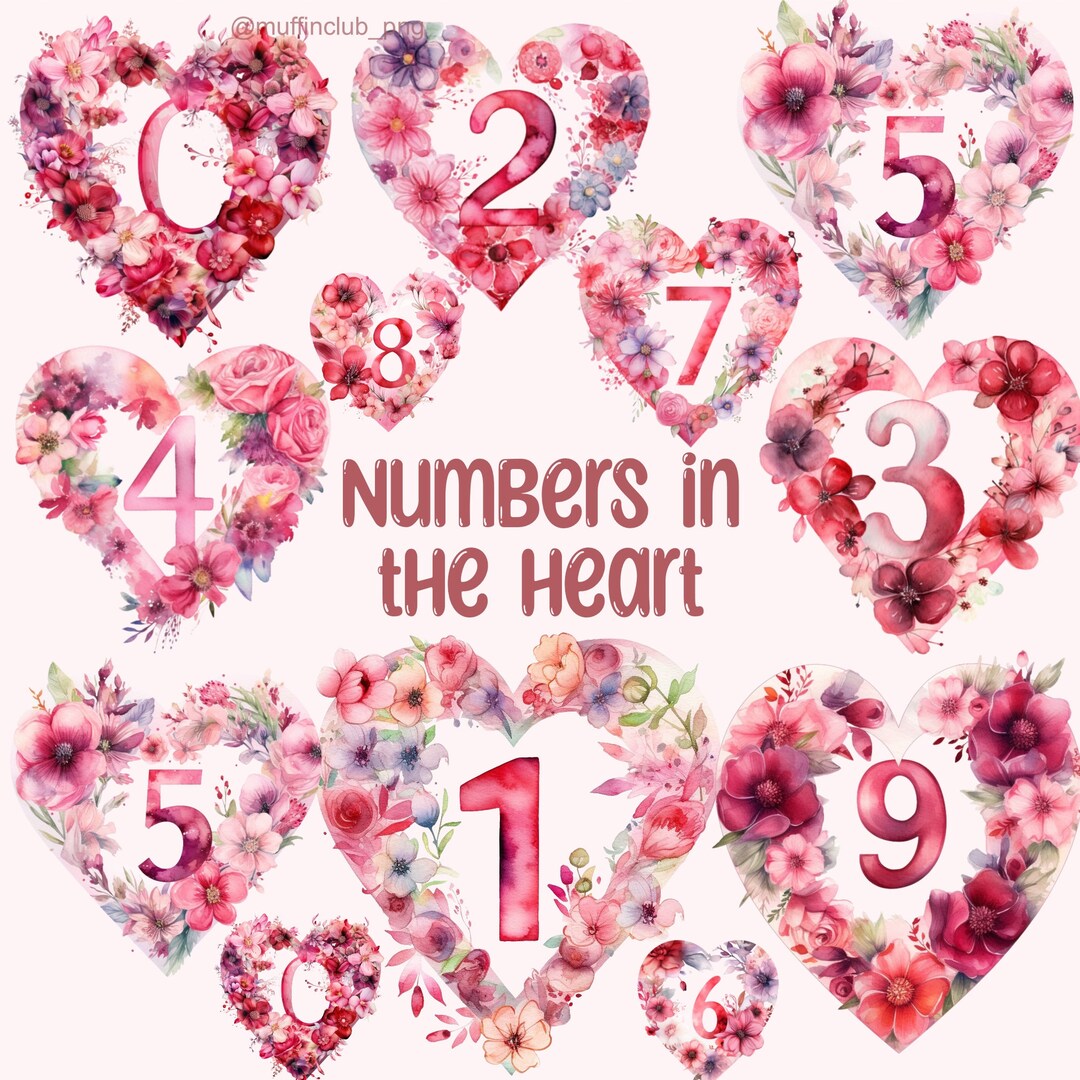 Watercolour Numbers With Hearts Clipart, Valentines PNG Digital Image ...