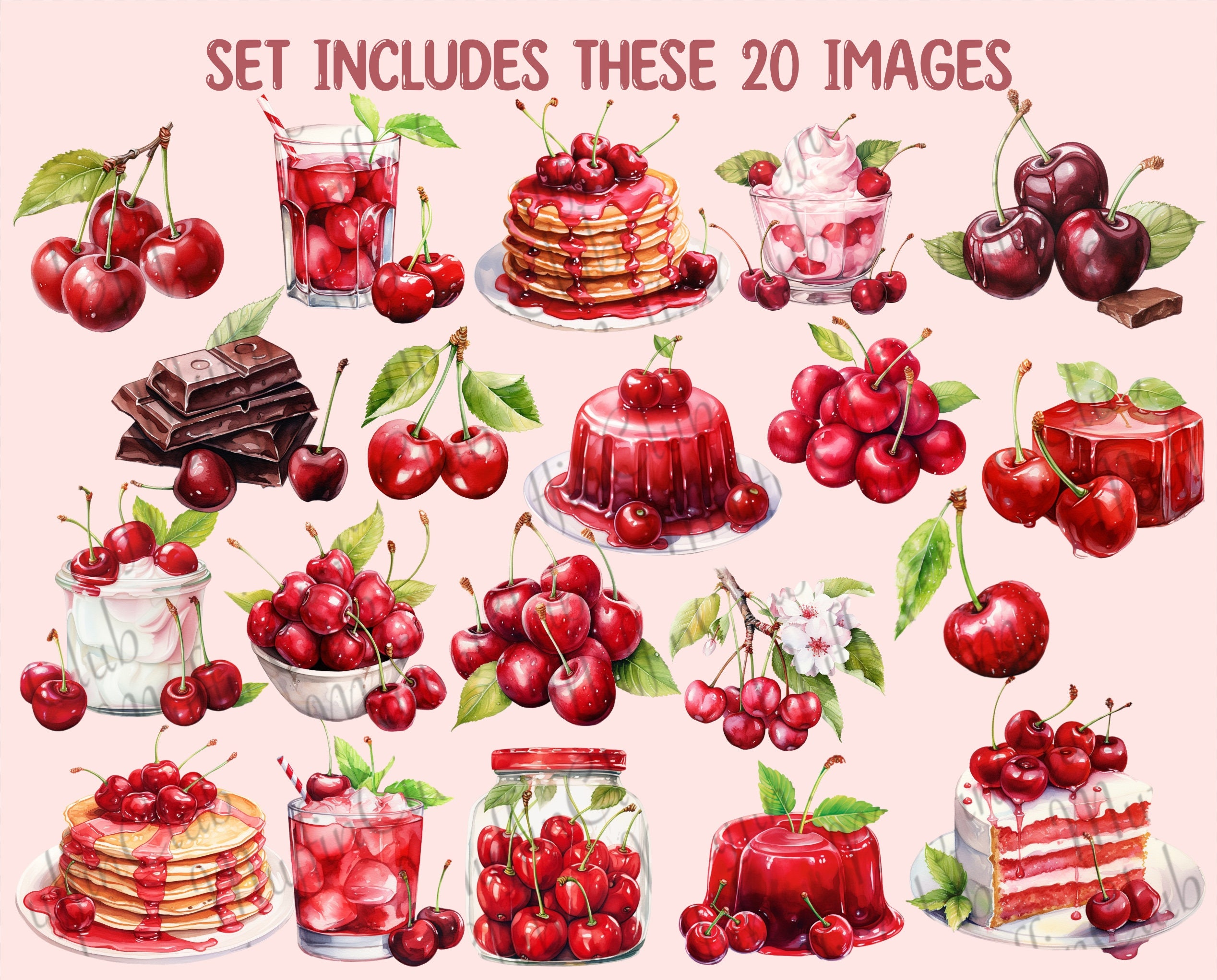 Watercolour Cherry Clipart, Summer Fruits PNG Digital Image Downloads ...