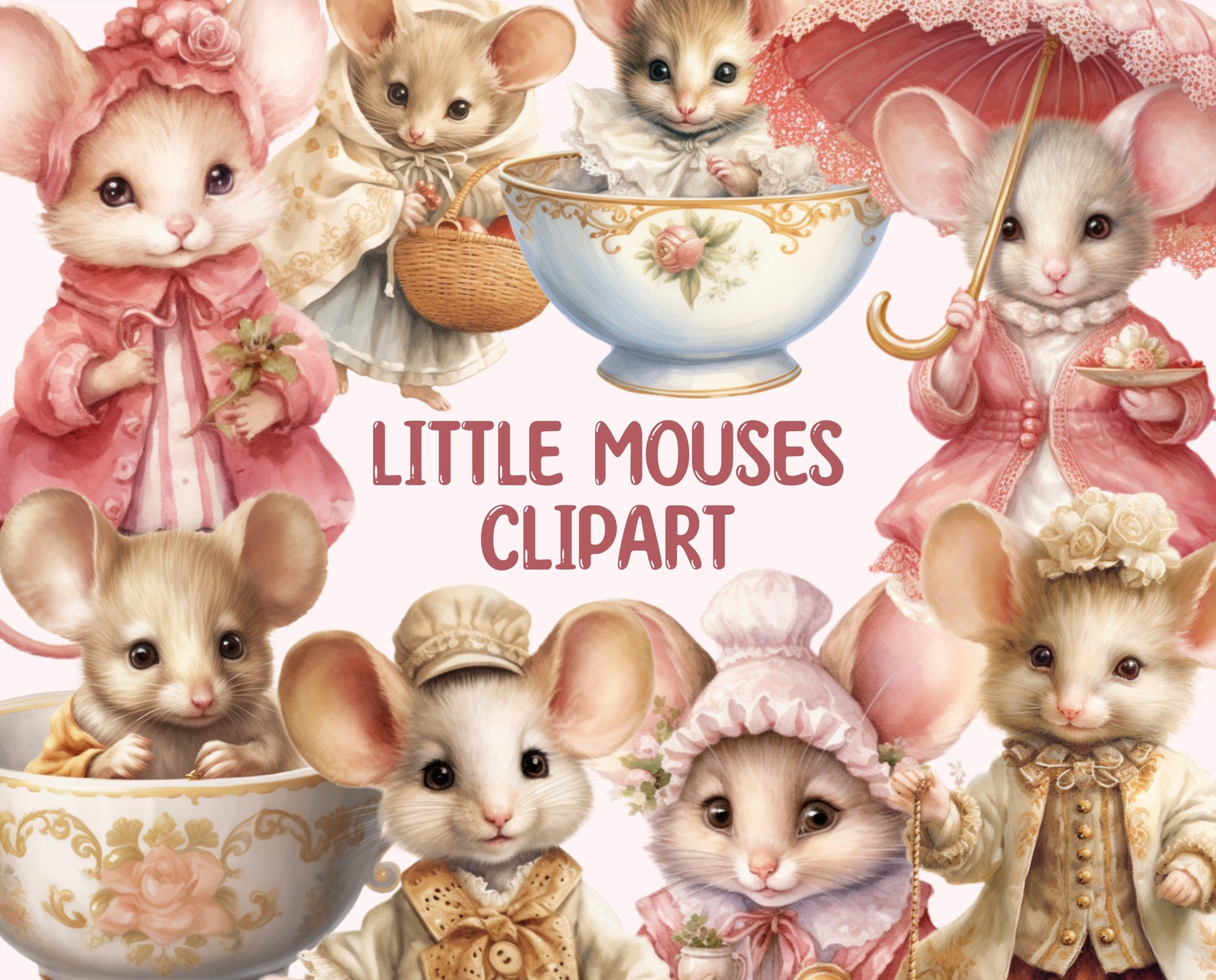 Watercolour Little Pink Mouse Clipart, Fairytale Mice PNG Digital Image ...