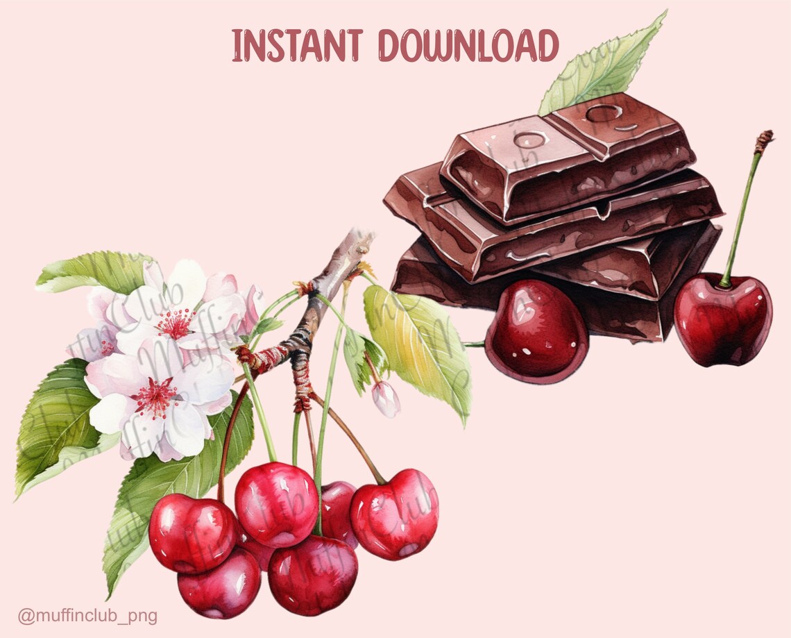 Watercolour Cherry Clipart, Summer Fruits PNG Digital Image Downloads ...