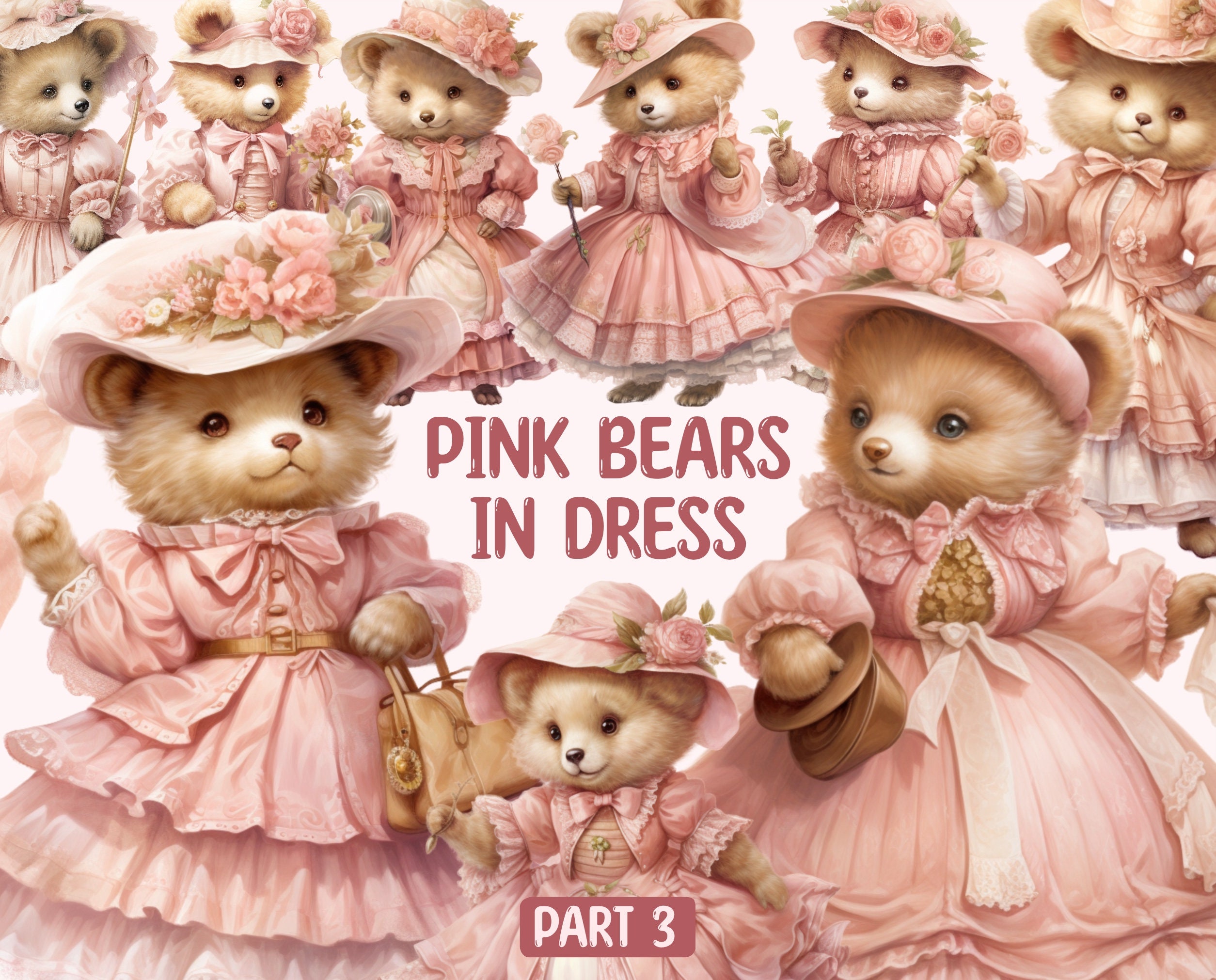 Watercolour Pink Bear Clipart - 3 Part, Bear Animal PNG Digital Image ...