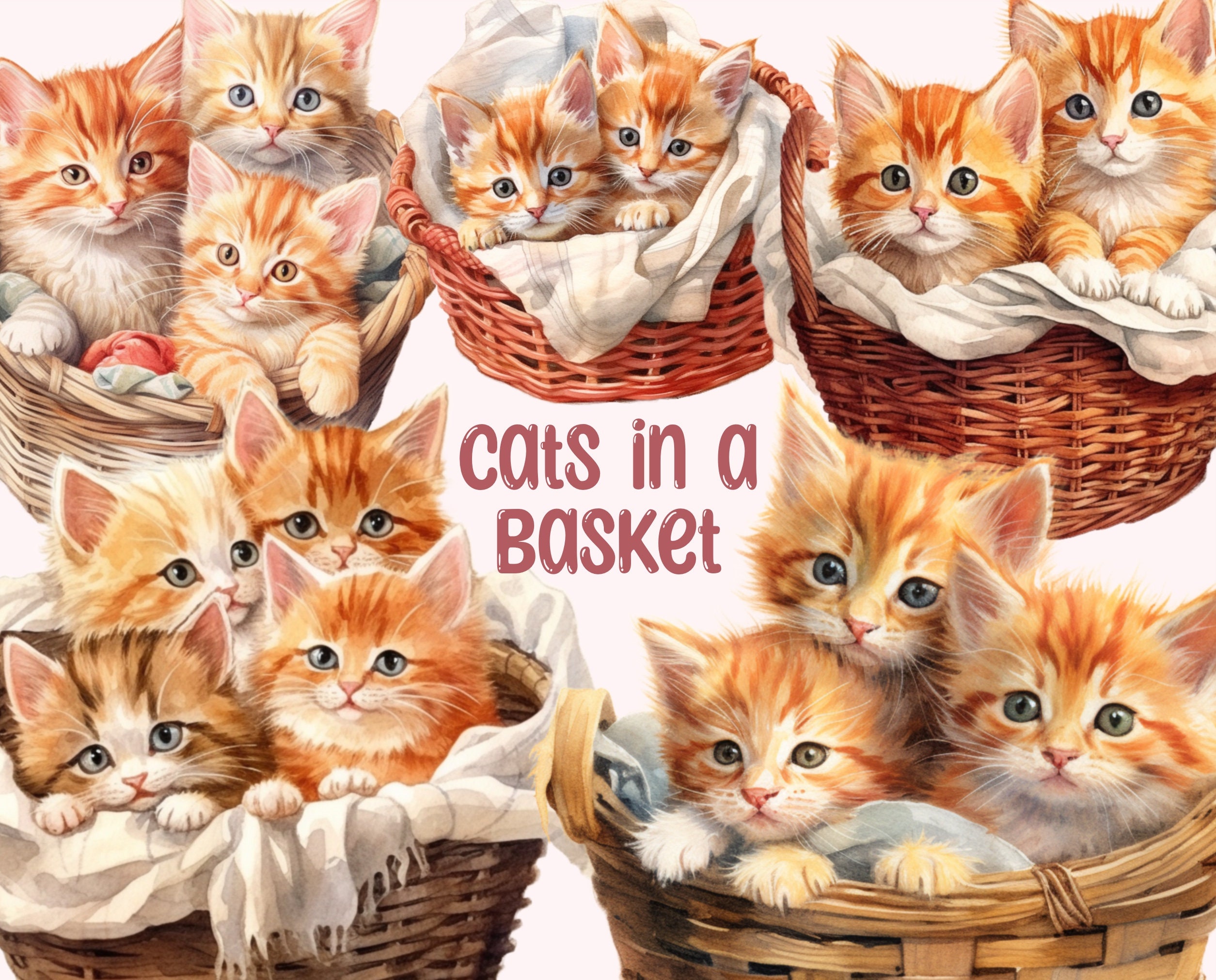 Vintage Cats Clipart, Watercolour Kitten in a Basket Clipart, Cats ...