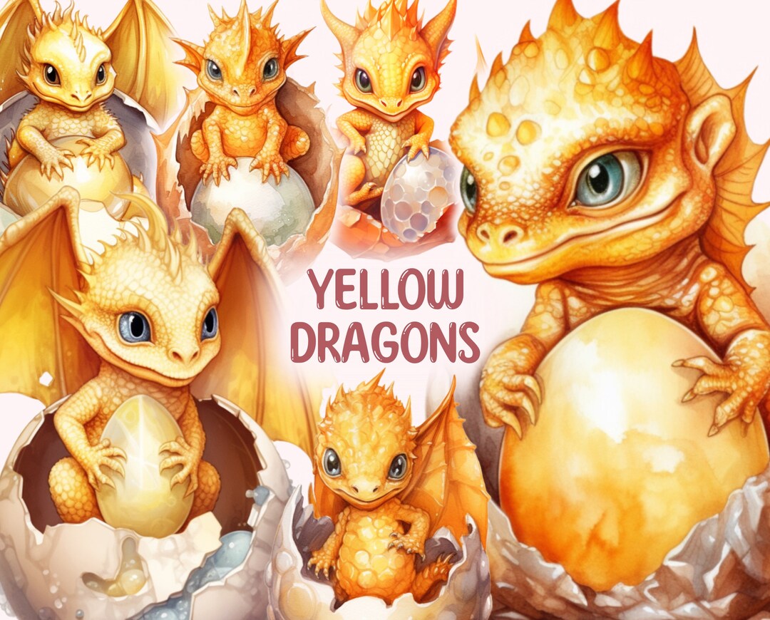 Watercolour Yellow Fantasy Dragon Clipart - Golden PNG Digital Image ...