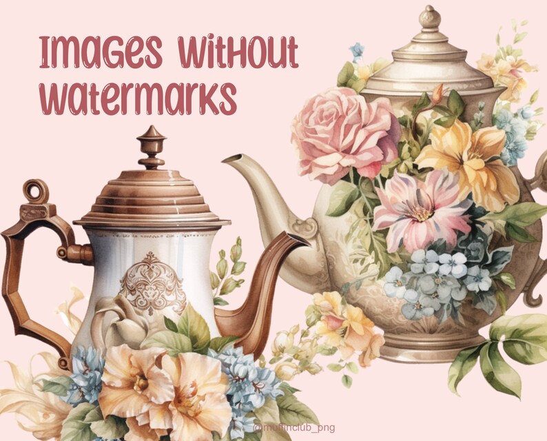Watercolour Teapots With Flowers Clipart, Vintage Kettle PNG Digital ...