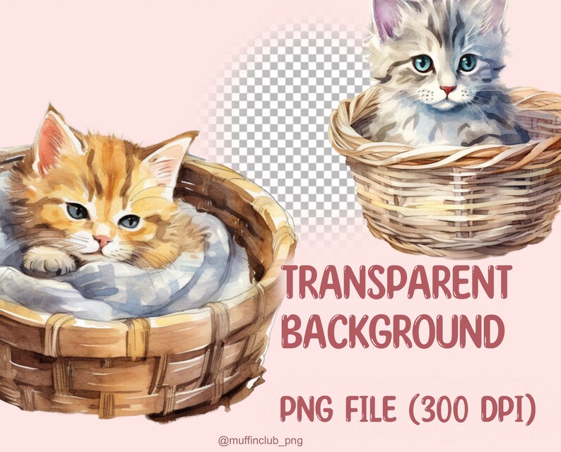 Cats Clipart, Watercolour Kitten in a Basket Clipart, Cats Clipart ...