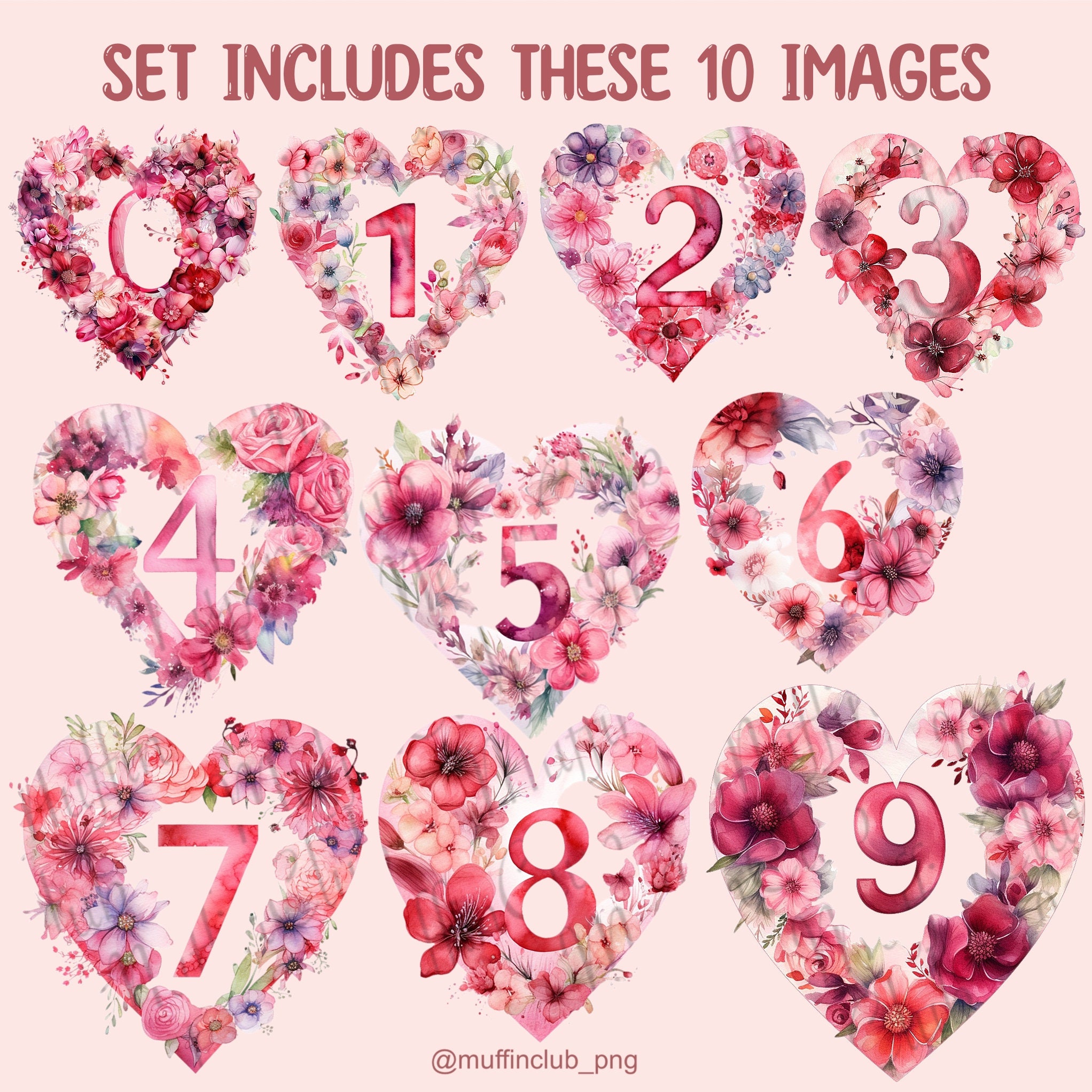 Watercolour Numbers With Hearts Clipart, Valentines PNG Digital Image ...