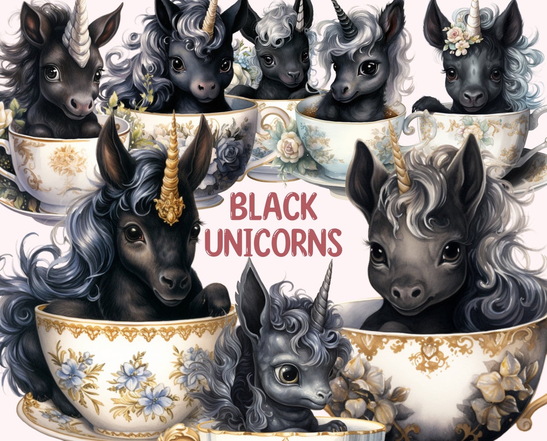 Watercolour Black Unicorn Clipart, Fairytale Horses PNG Digital Image ...