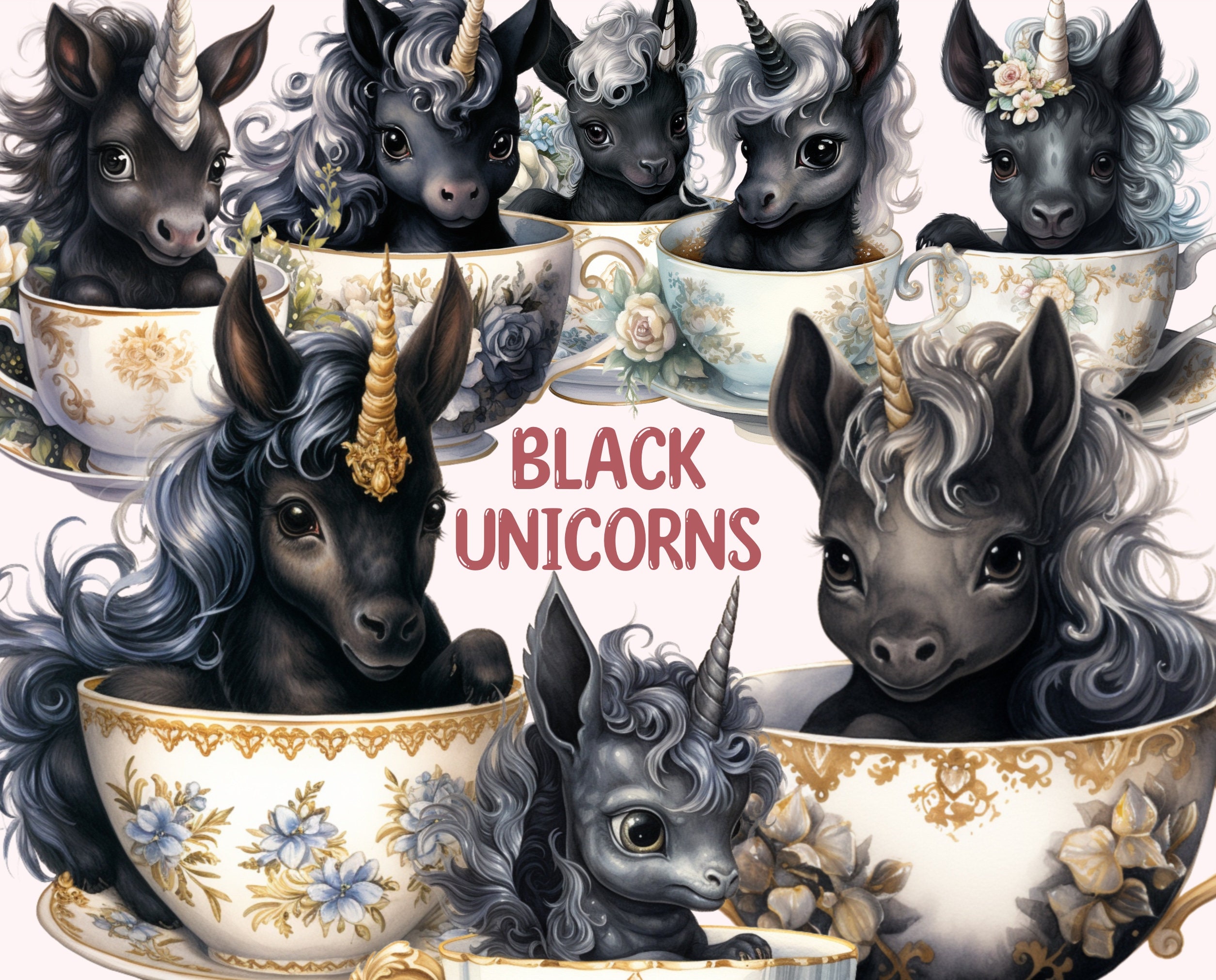 Watercolour Black Unicorn Clipart Fairytale Horses PNG - Etsy