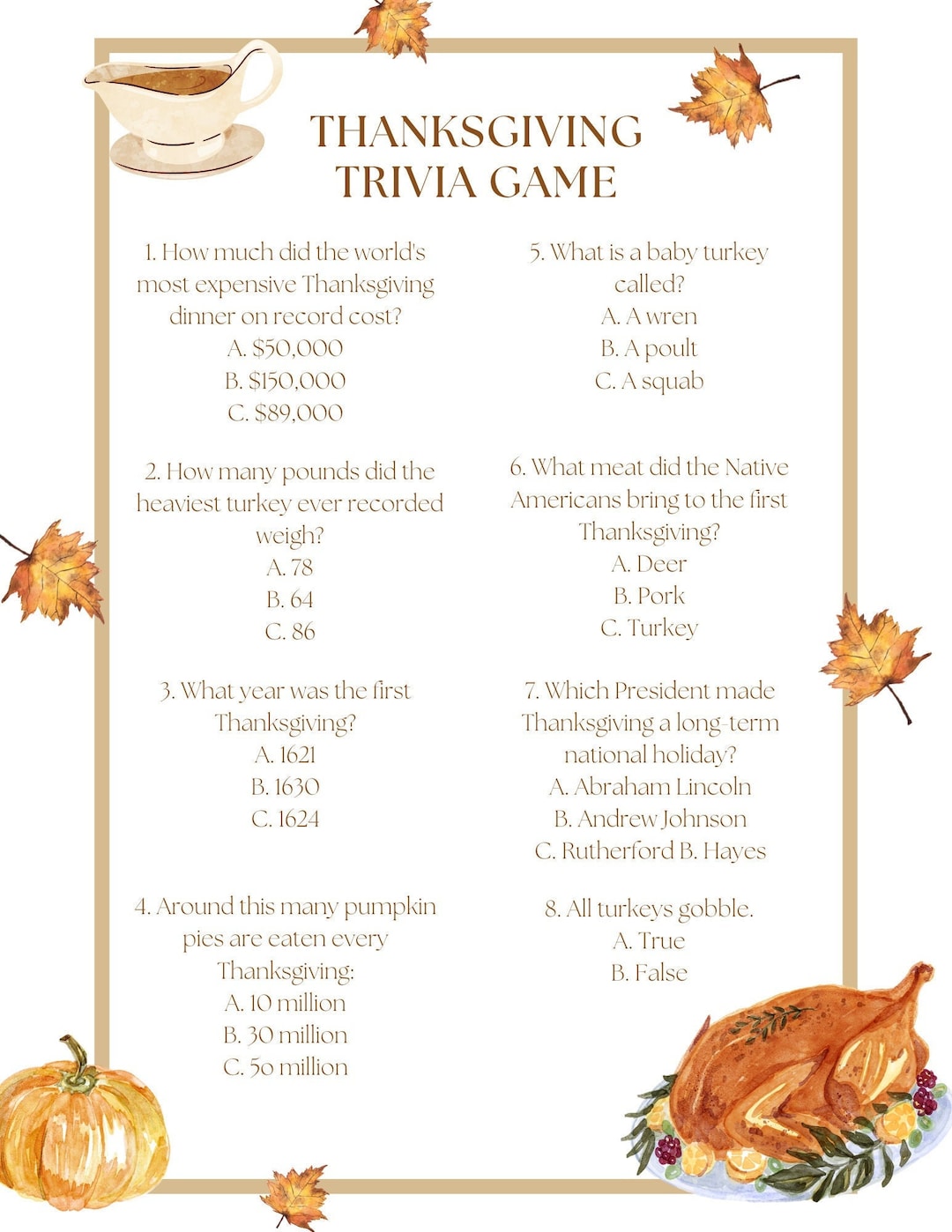 Thanksgiving Game Bundle Printed for You Thanksgiving Activity Trivia ...
