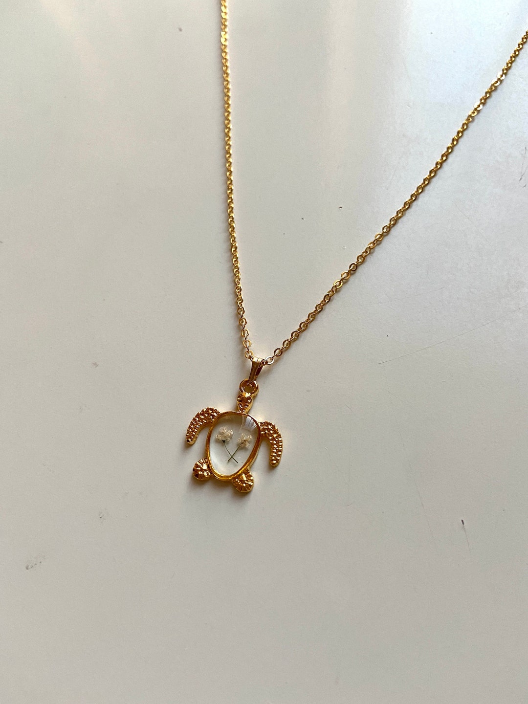 Pressed Flower Turtle Necklace: Dainty Resin Pendant, Gold Plated Chain ...