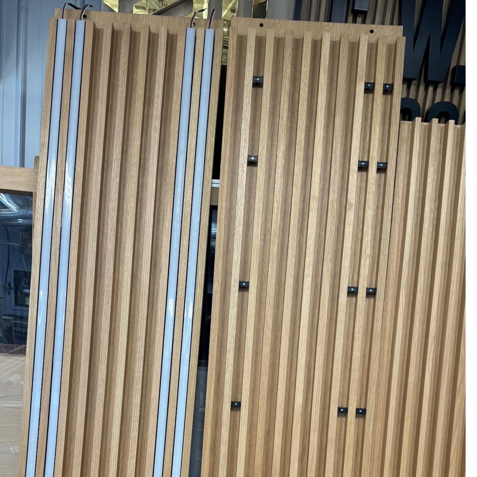 White Oak Wood Wall Panel With Optional LED Lighting - Modern Reception ...
