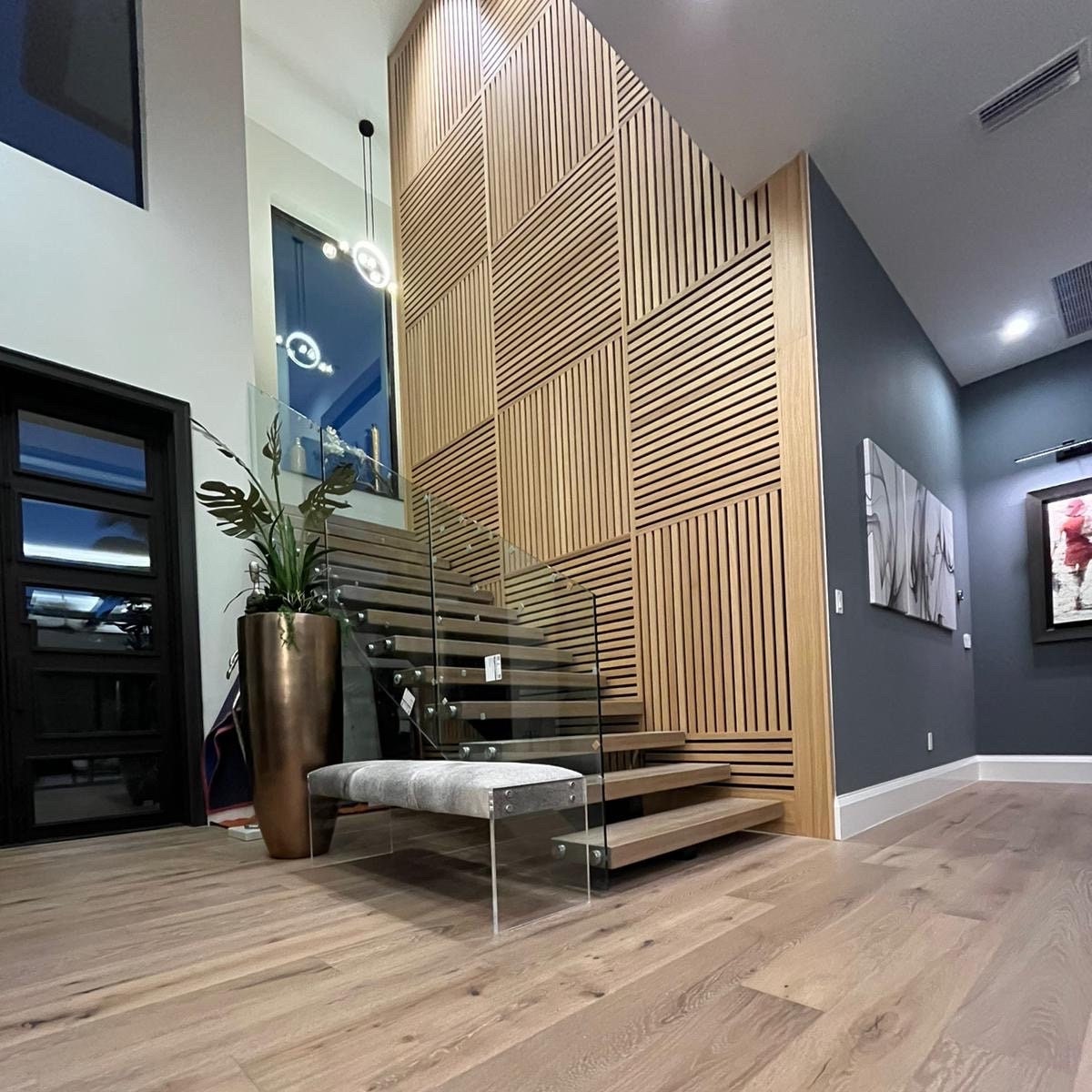 Foyer Stairway Wall Panel | Natural White Oak Rift Parquet Wall Panels ...
