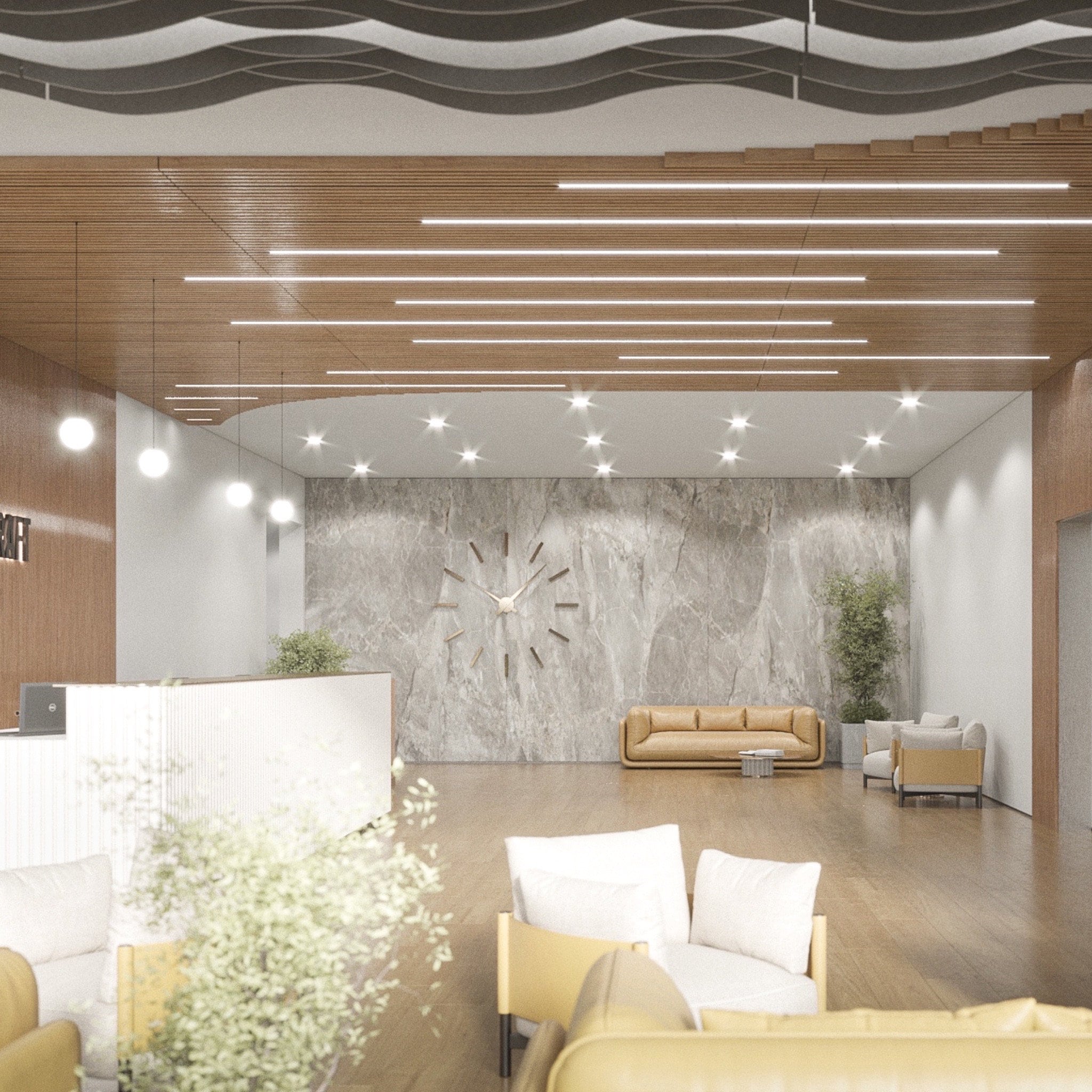 Wood Ceiling Grille - Modern Reception Area Décor | White Oak | Walnut ...