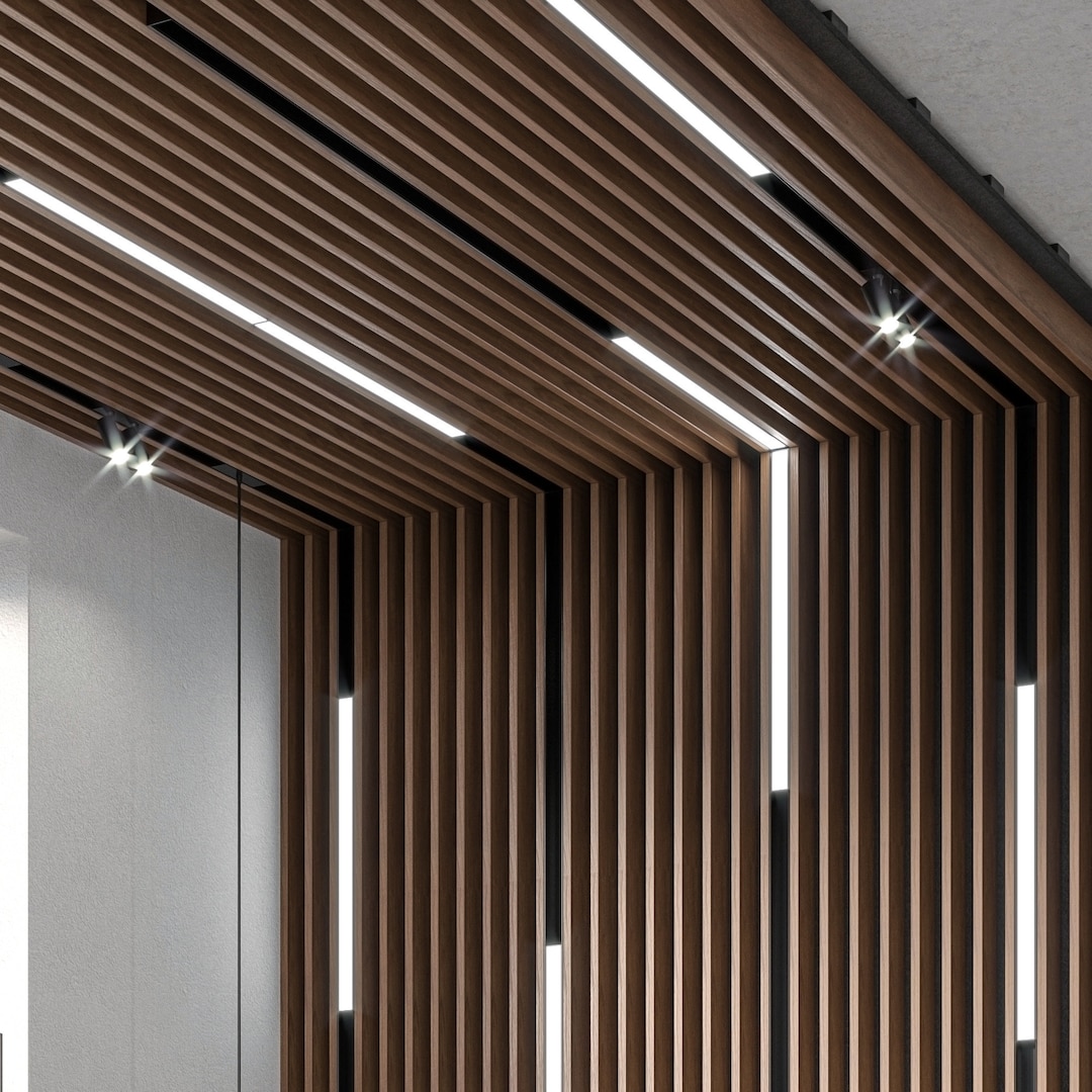 Ceiling Baffles | Reception Desk Decor | Custom Wood Wall | Wood Slat ...