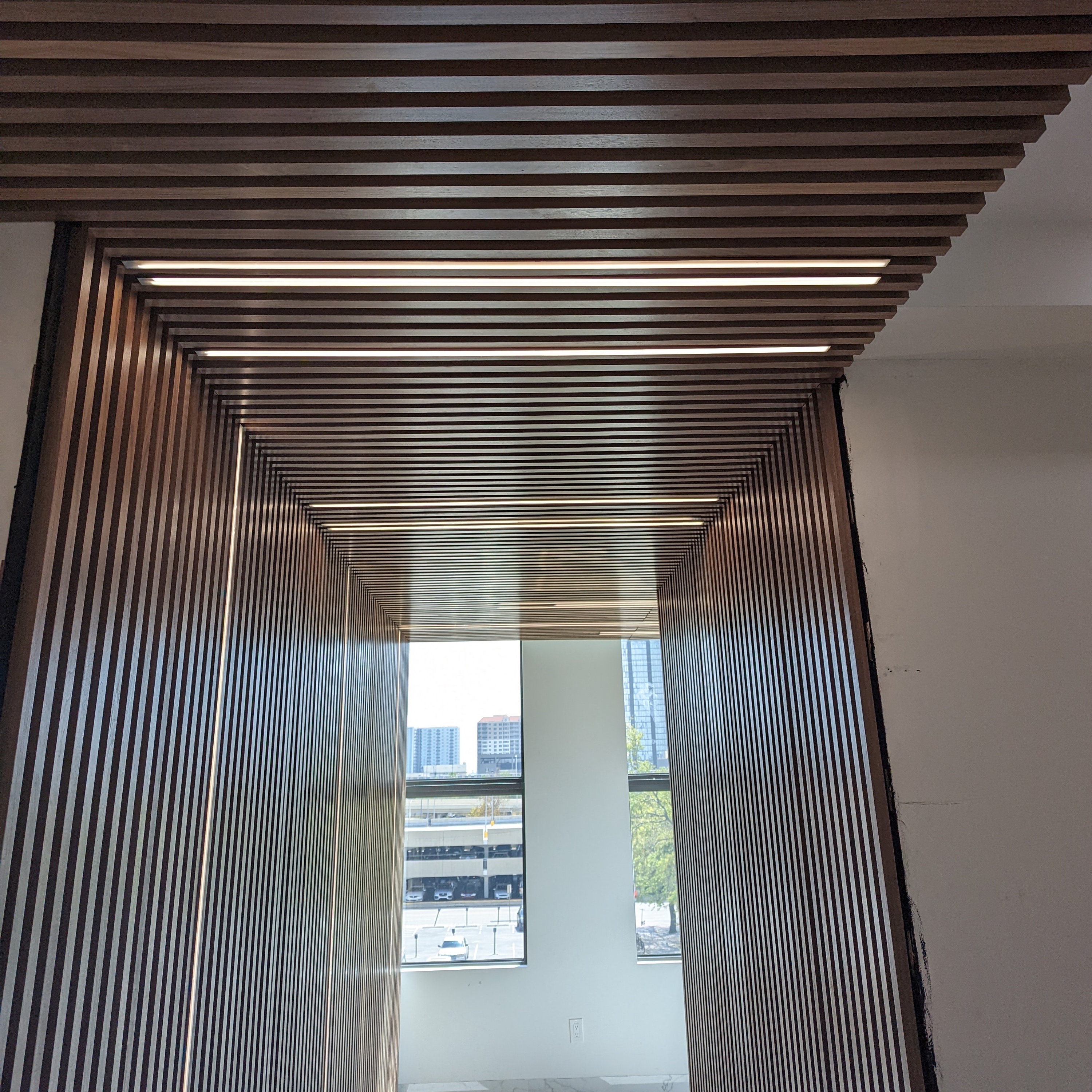 Office Ceiling | Pattern Wood Ceiling and Wall With Lights | Commercial ...