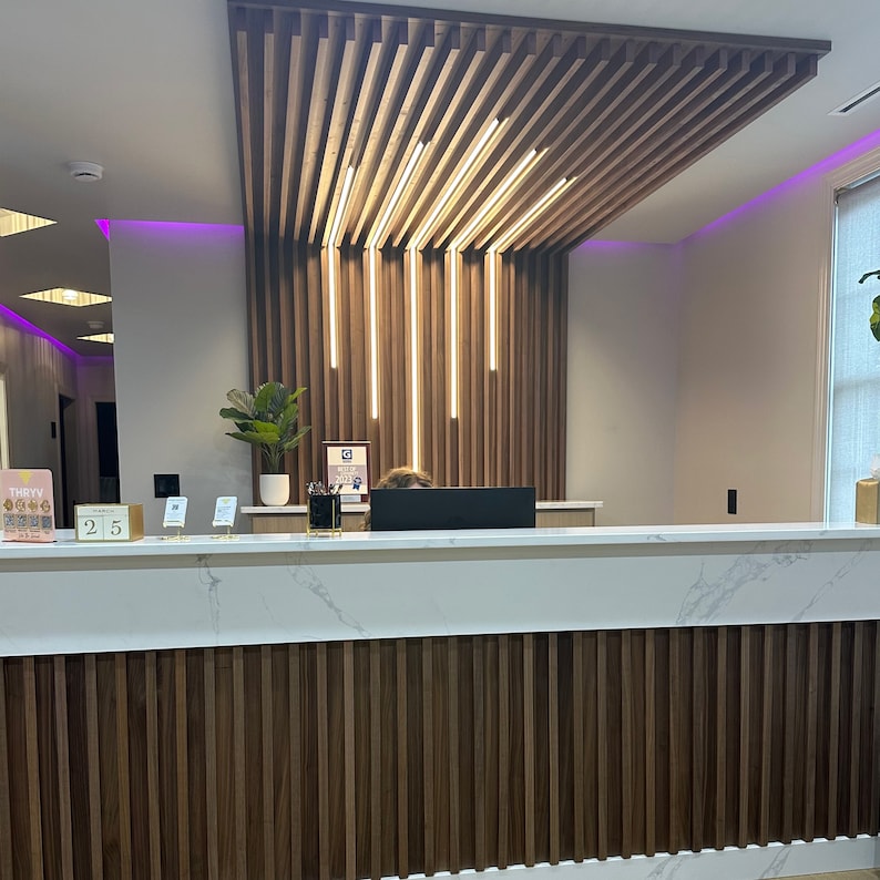 Walnut on Walnut Wood Ceiling Panels | Custom Reception Desk Area ...