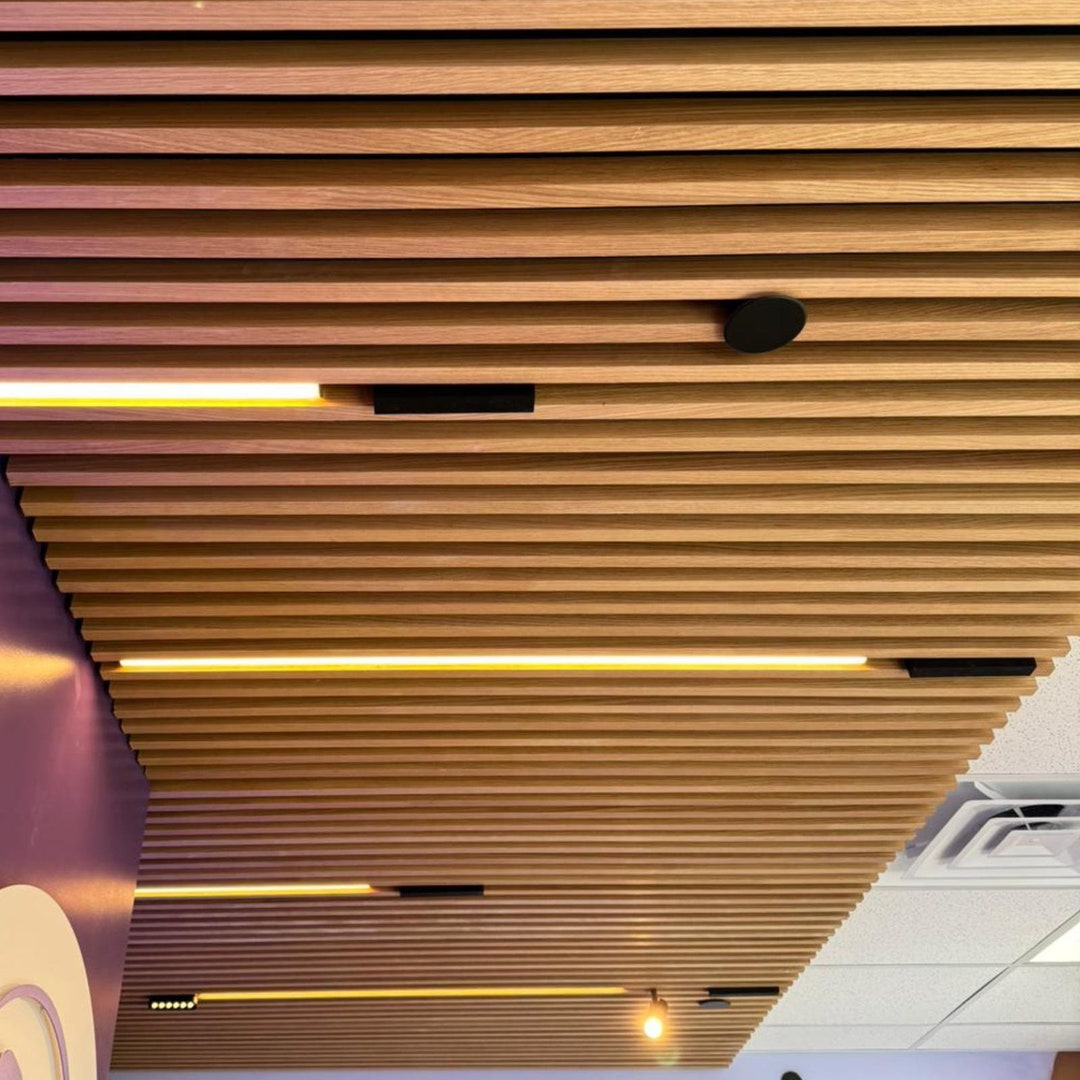White Oak LED Wood Ceiling Panels - Modern Reception Area Décor ...