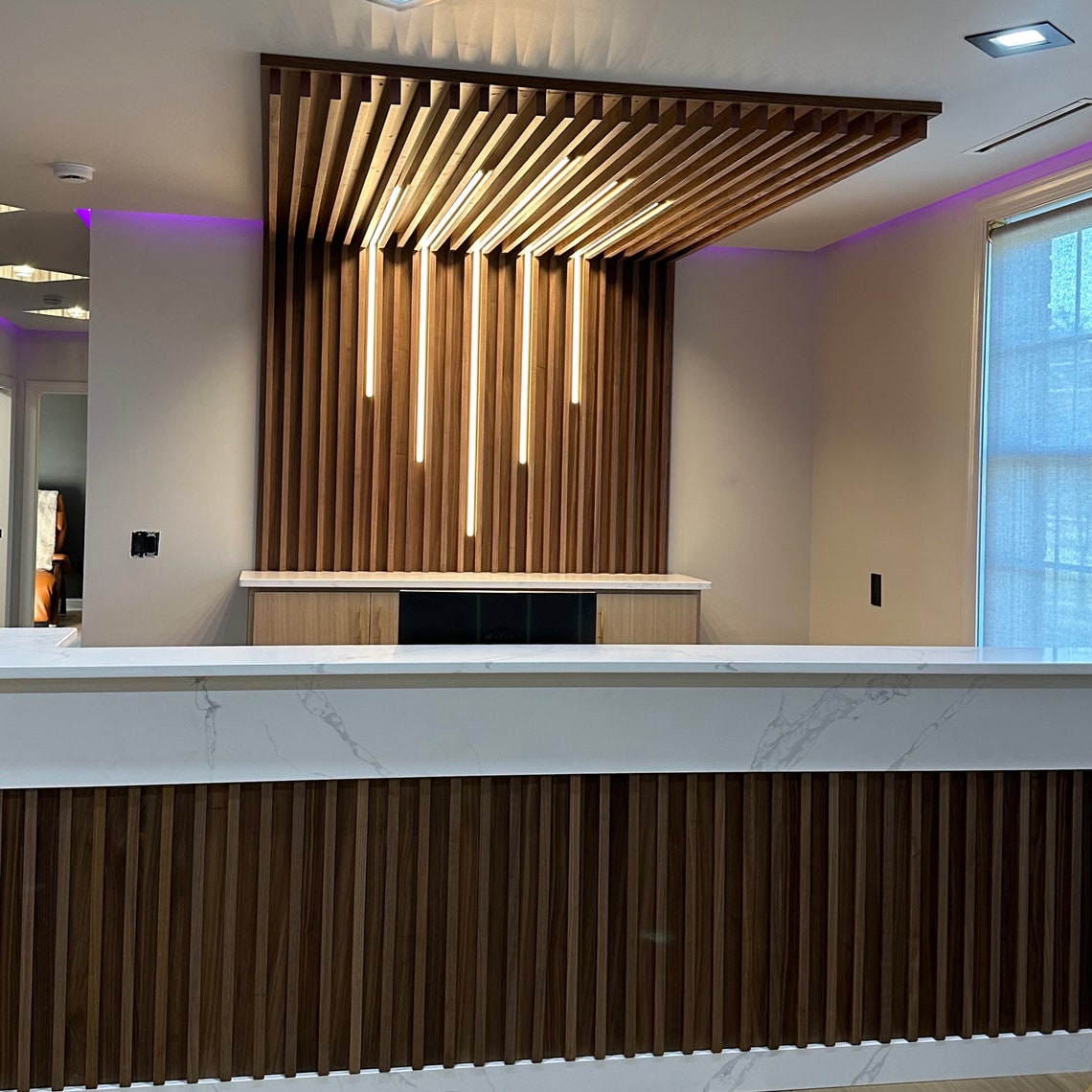 Walnut on Walnut Wood Ceiling Panels Custom Reception Desk Area Custom ...