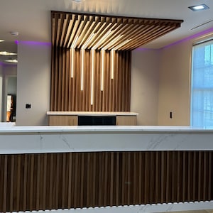 Walnut on Walnut Wood Ceiling Panels | Custom Reception Desk Area ...