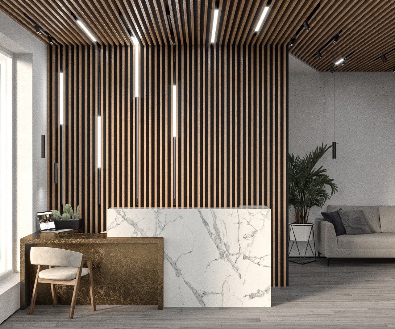 Lobby & Reception Desk Decor | Custom Wood Wall and Ceiling With Lights ...