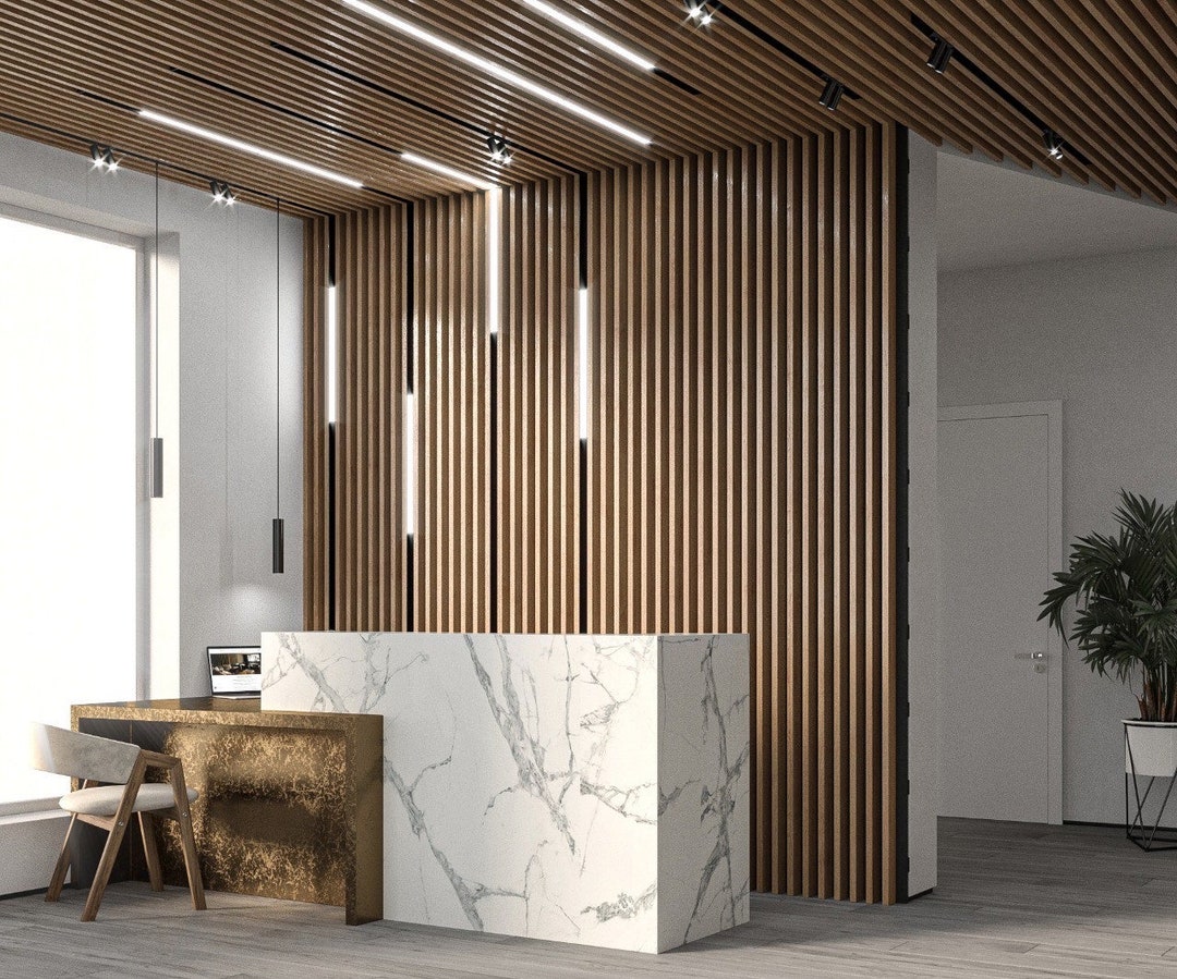 Lobby & Reception Desk Decor | Custom Wood Wall and Ceiling With Lights ...
