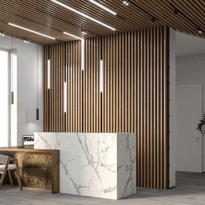 Lobby & Reception Desk Decor | Custom Wood Wall and Ceiling With Lights ...