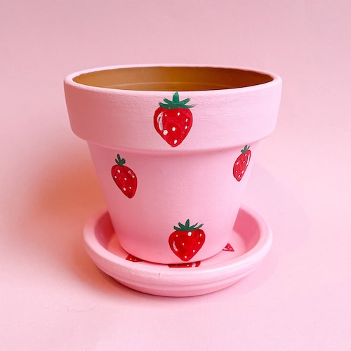 Hand Painted Pink Strawberry Cow Print Indoor Plant Pot - Etsy