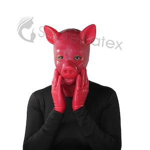 Red Latex Pig Hood Rubber Fetish Full Head Bondage Mask Zipper Piglet ...