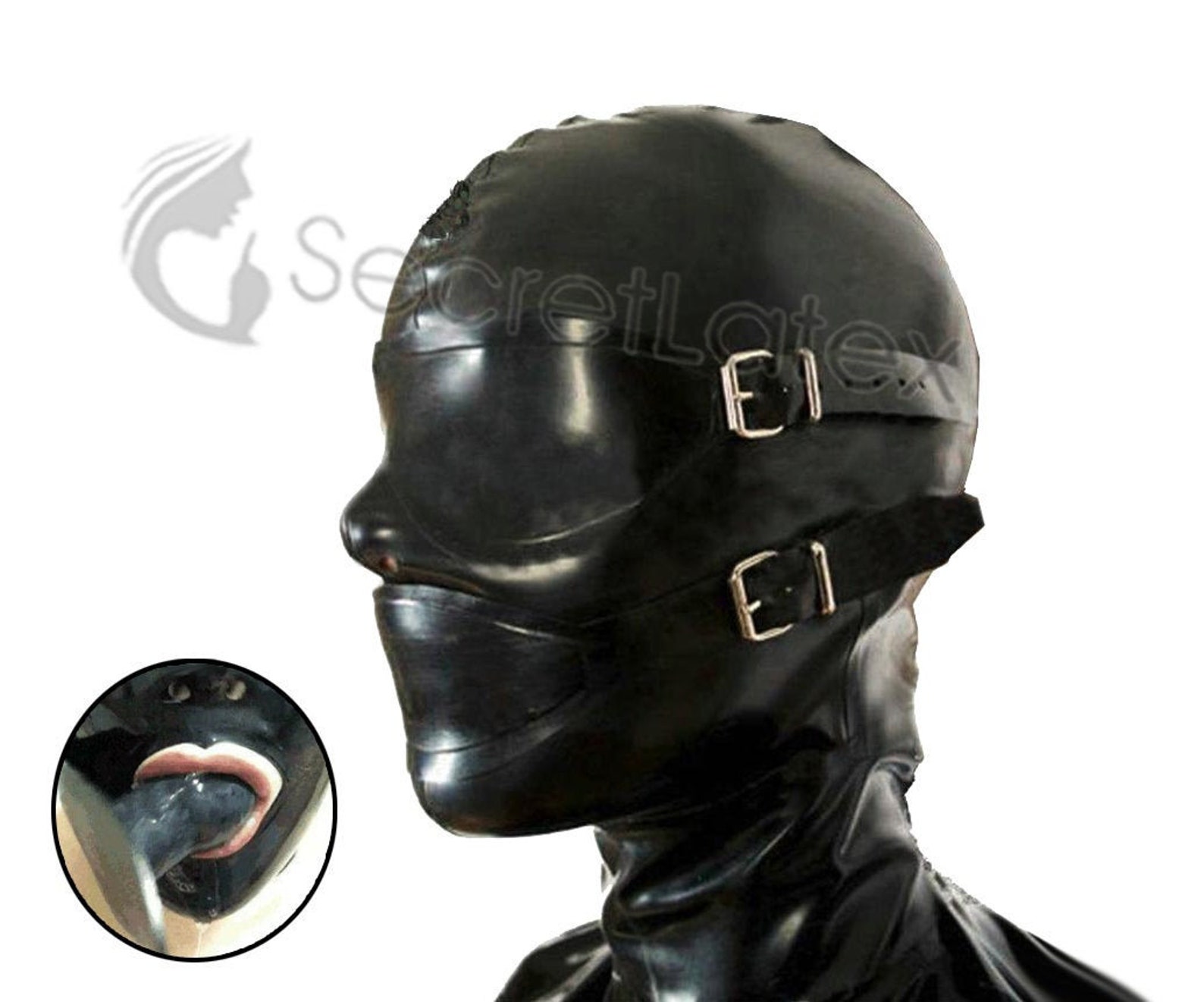 Black Latex Hood 3pc Mouth Gag and Blindfold Gimp Mask - Etsy