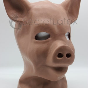 Brown Latex Pig Hood Rubber Fetish Full Head Bondage Mask Zipper Piglet ...