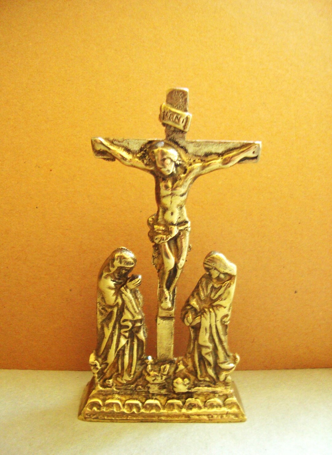 Vintage Brass Table Top Crucifix With Virgin Mary and Mary Magdalene - Etsy