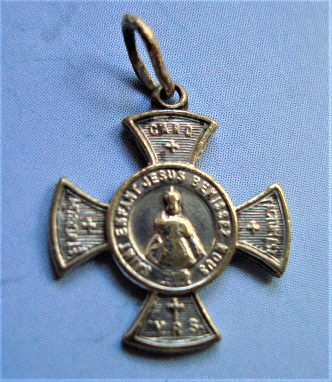 Vintage Infant Jesus of Prague IHS Christogram Holy Medal Plated Brass ...