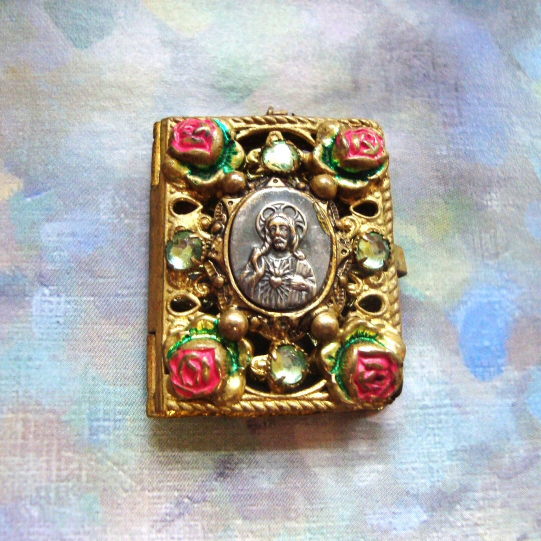 Vintage Book Shaped Religious Locket Pendant With Inset Jesus Medallion ...