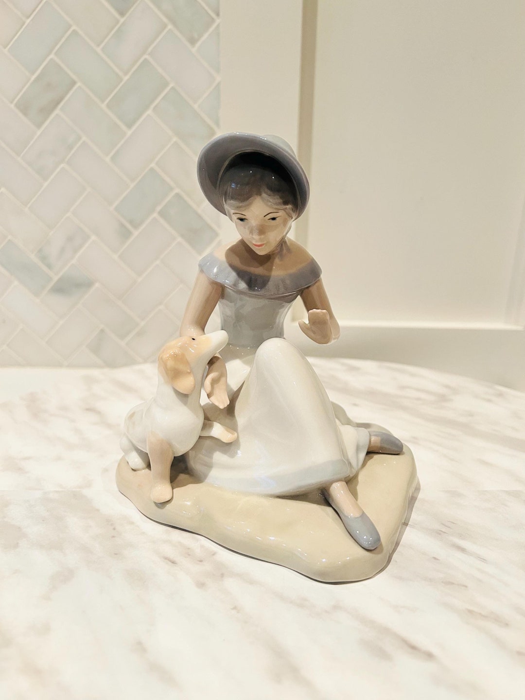 Porcegama Spanish Porcelain Vintage Figurine - Young Girl With Puppy ...