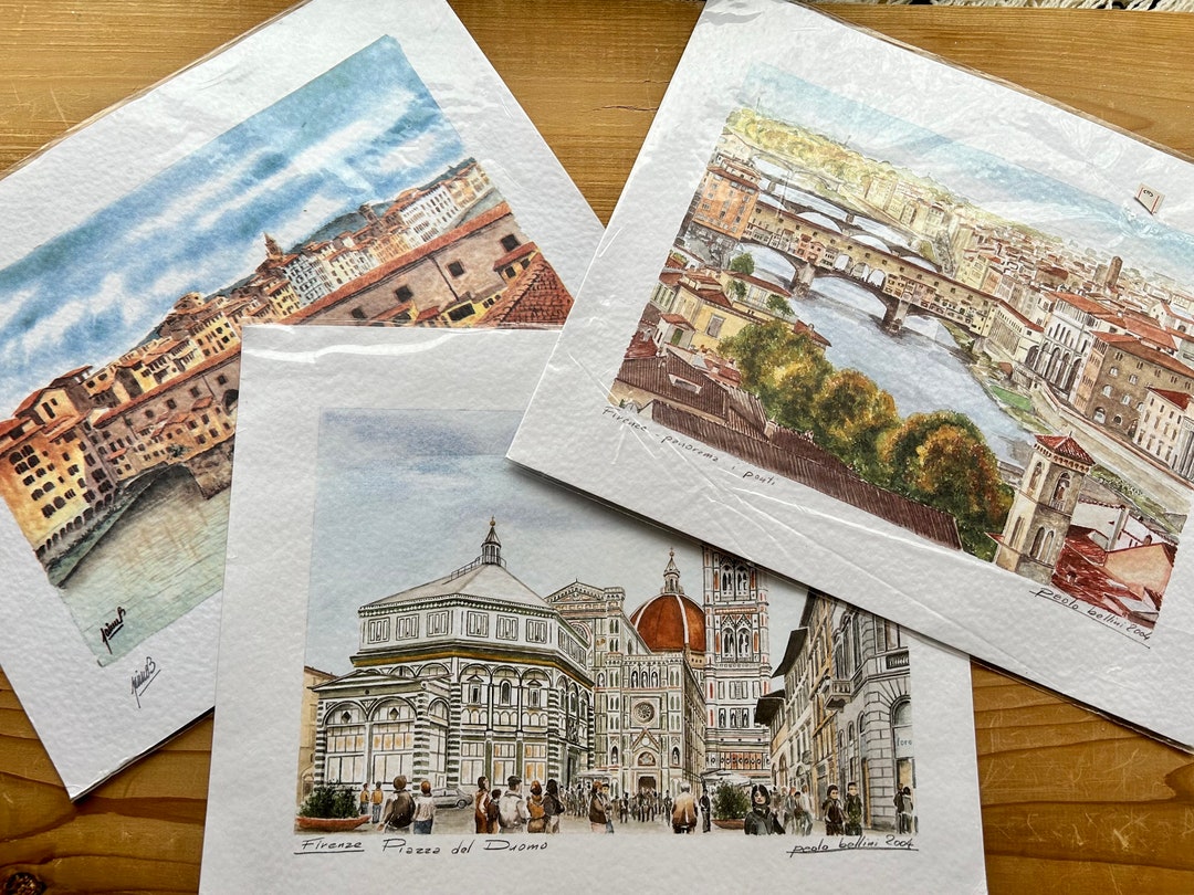 Firenze Florence Italy Watercolor Postcards | Ponti Vecchia, Piazza Del ...