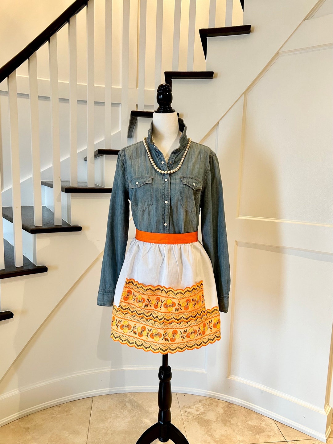 Cute Little 1970's Style Retro Apron White With Orange Floral Trim ...