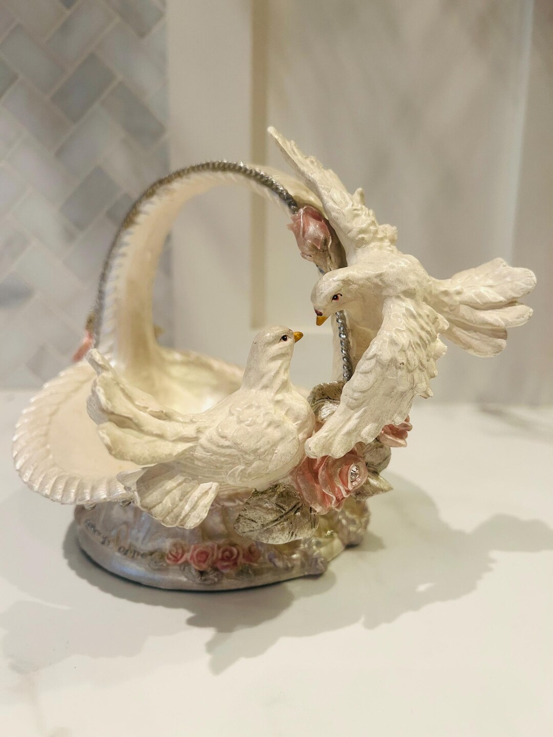Doves and Roses Basket Figurine Vintage - Pink and Ivory Roses, Rococo ...