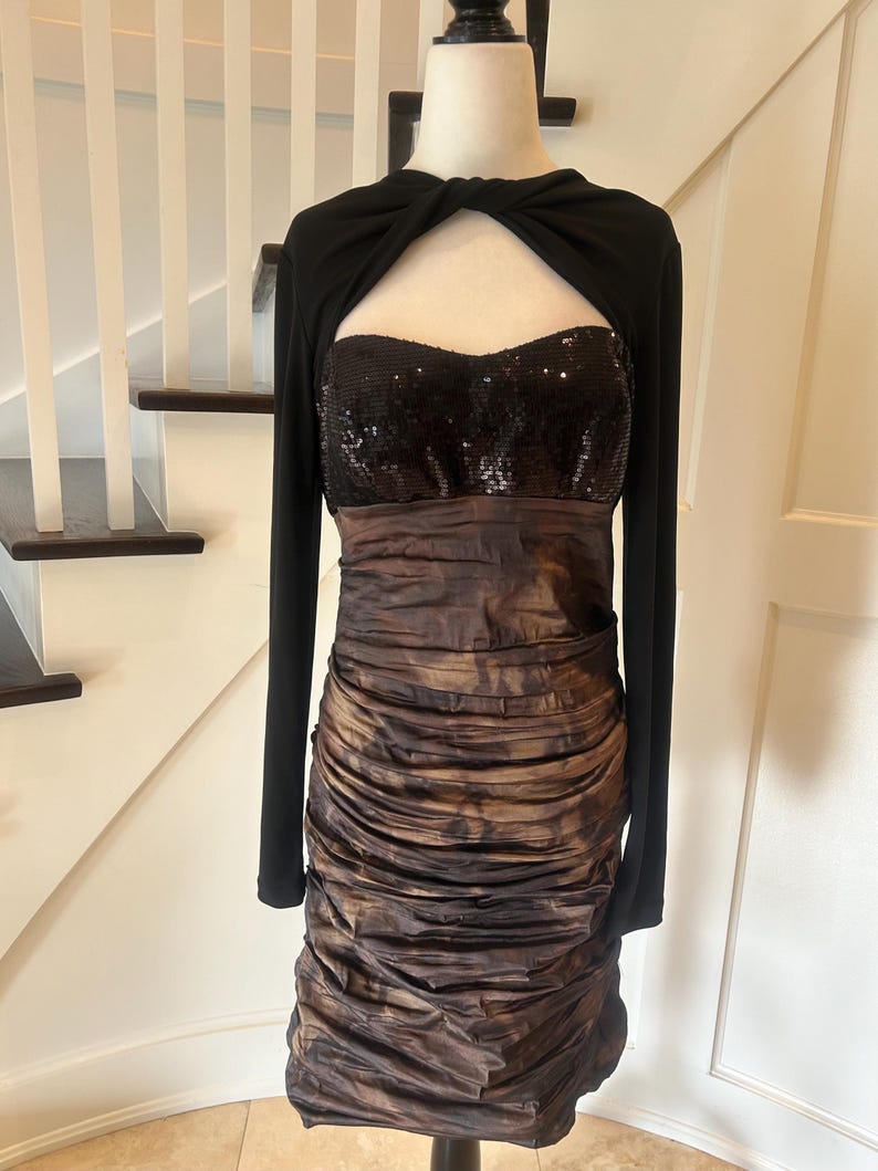 Nicole Miller Vintage Y2K Cocktail Dress: Bronze Ruched Sequin Party ...