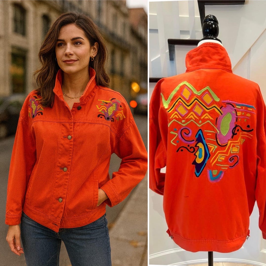 90s Graphic Orange Cotton Jacket - IB Diffusion Size 14 - Etsy