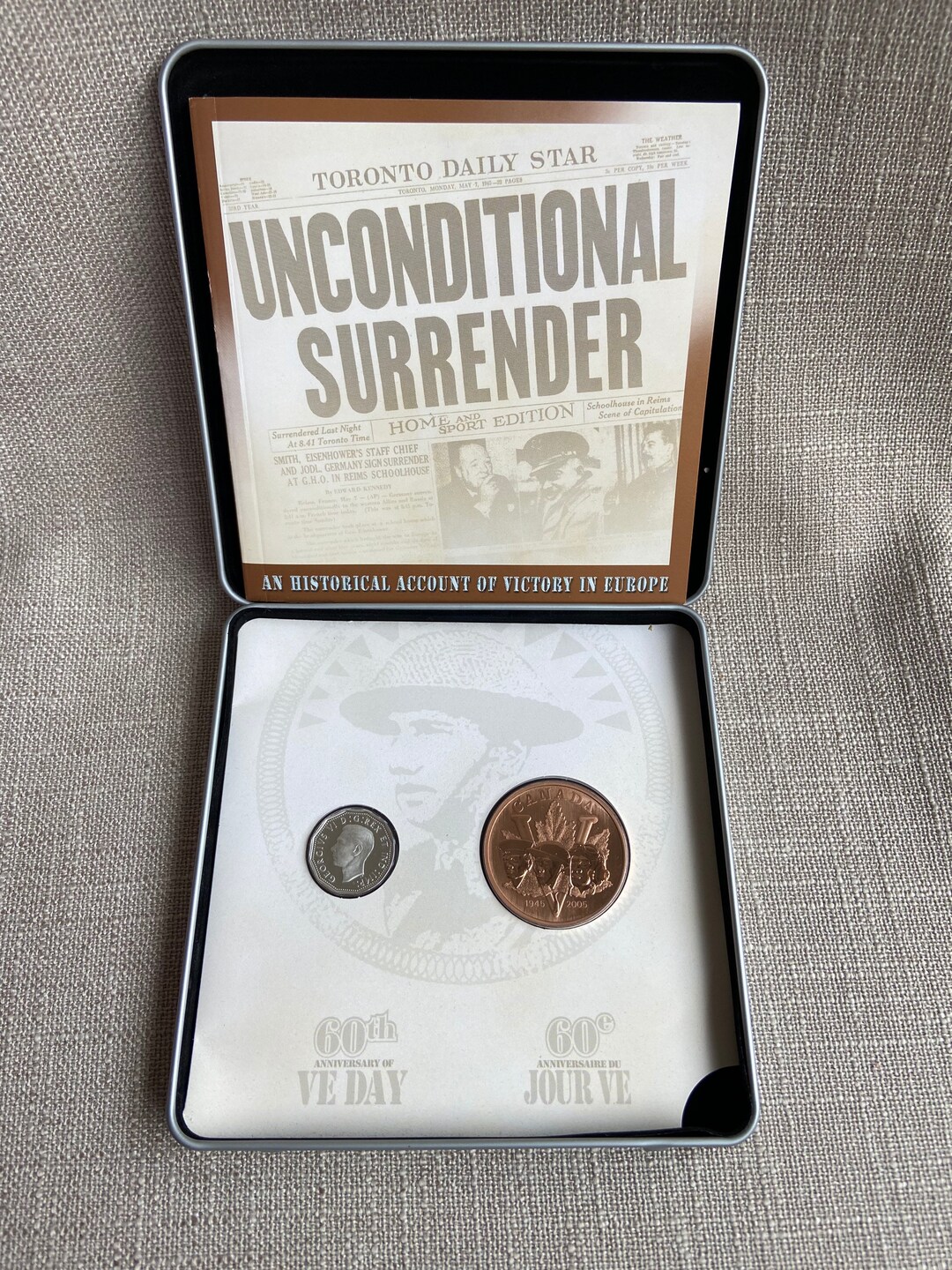Canada 60th Anniversary Ve-day Coin Set in Embossed Metal Case Royal ...