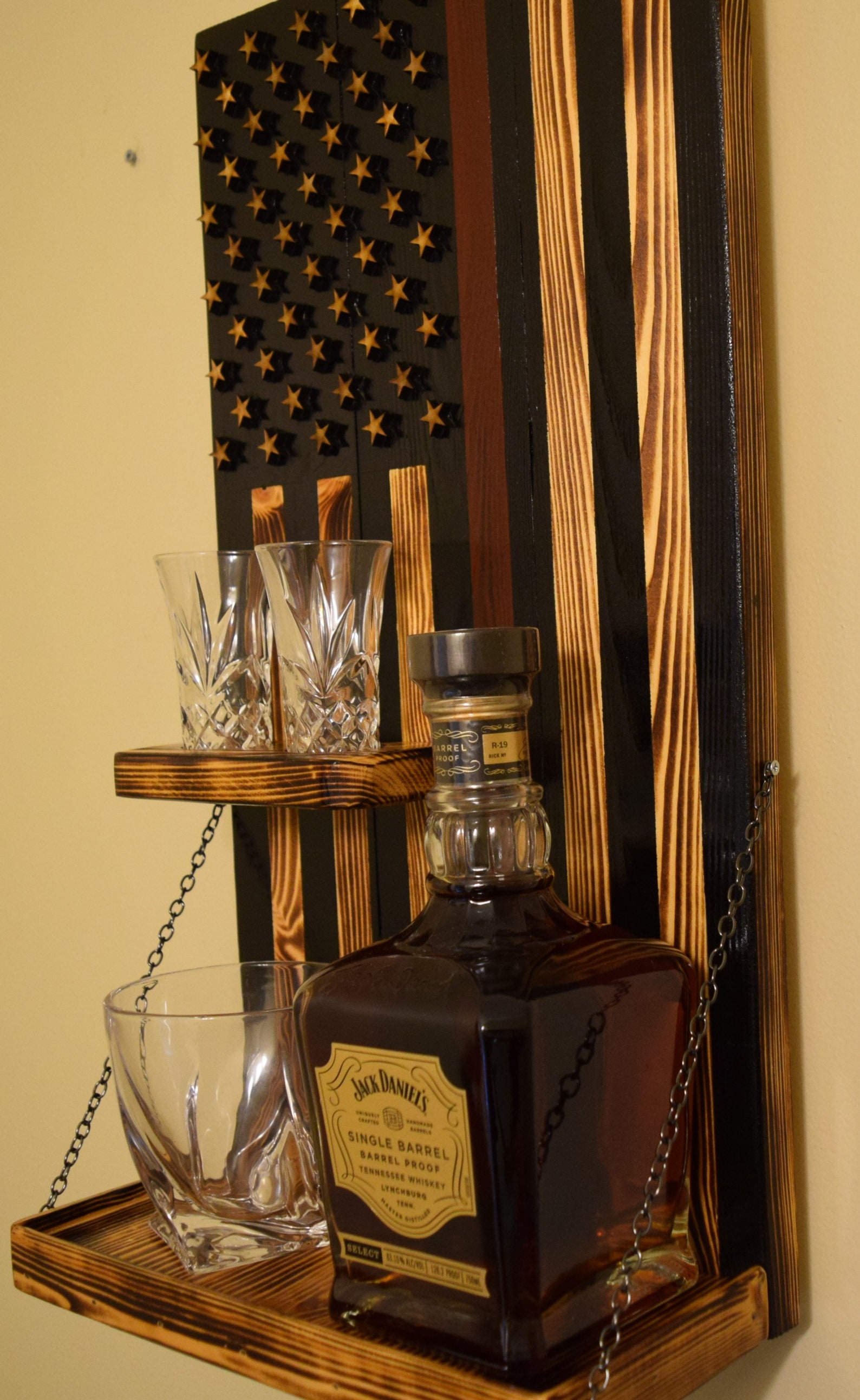 American Flag Whiskey Rack Black Wood Burnt and Red Line, Whiskey ...
