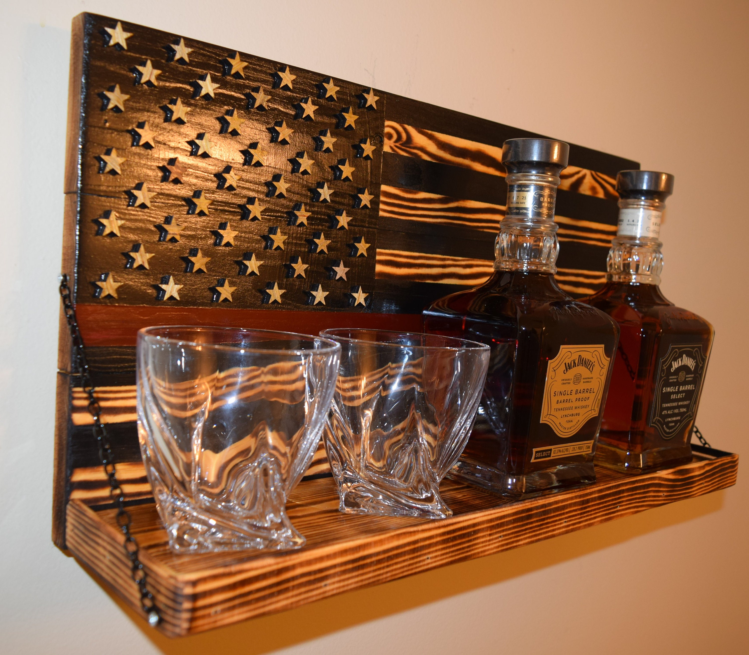 American Flag Whiskey Rack Black and Wood Burnt With Red Line, Whiskey ...
